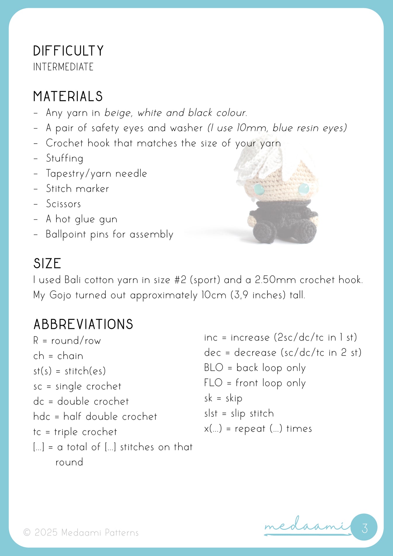 Satoru Gojo Jujutsu Kaisen inspired Amigurumi Pattern – Medaami Patterns