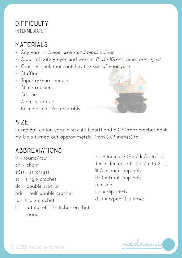 Satoru Gojo Jujutsu Kaisen inspired Amigurumi Pattern – Medaami Patterns